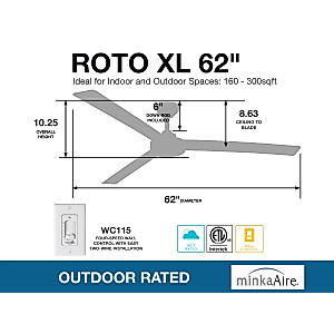 Minka Aire F624-ABD Roto XL, 62" 3-Blades Ceiling Fan in Brushed Aluminum Finish with Silver Blades