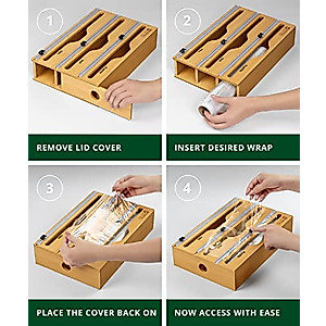ROYAL CRAFT WOOD Bamboo Kitchen Drawer Organizer with 3 Slots for Food Storage Containers, Kitchen Foil, and Plastic Wrap – Includes Cutter