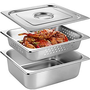 3 Pack Half Size 4 Inch Hotel Pan with Lids 2.6 Inch Perforated Steam Pan Stainless Steel Restaurant Pans for Restaurants, Cafeteria, Kitchen