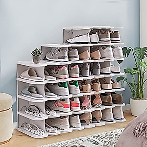 TXALWIQ 6-Tier Narrow Shoe Organizer, Adjustable Cubby Shoe Rack for Closet, Free Standing Shoe Slot Tower for Entrance, Stackable Space-Saving Shoe Storage Shelf for Entryway, White