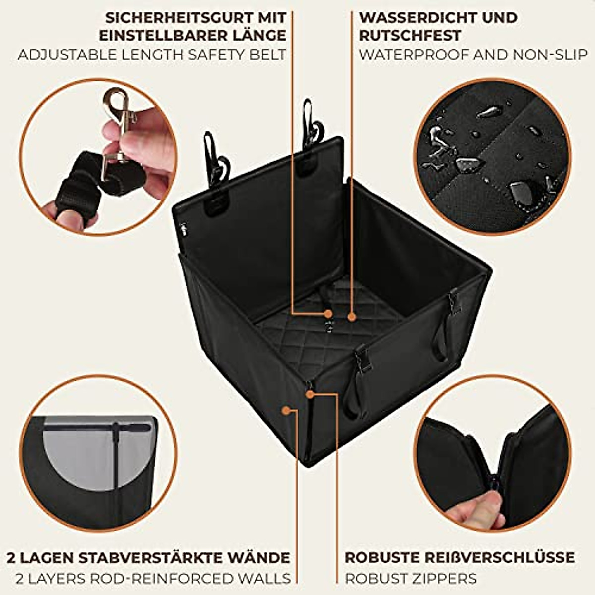 Wuglo Extra Stable Dog Car Seat - Reinforced Car Dog Seat for Medium-Sized Dogs with 4 Fastening Straps - Robust and Waterproof Pet Car Seat for The Back Seat of The Car (M Size, Black)