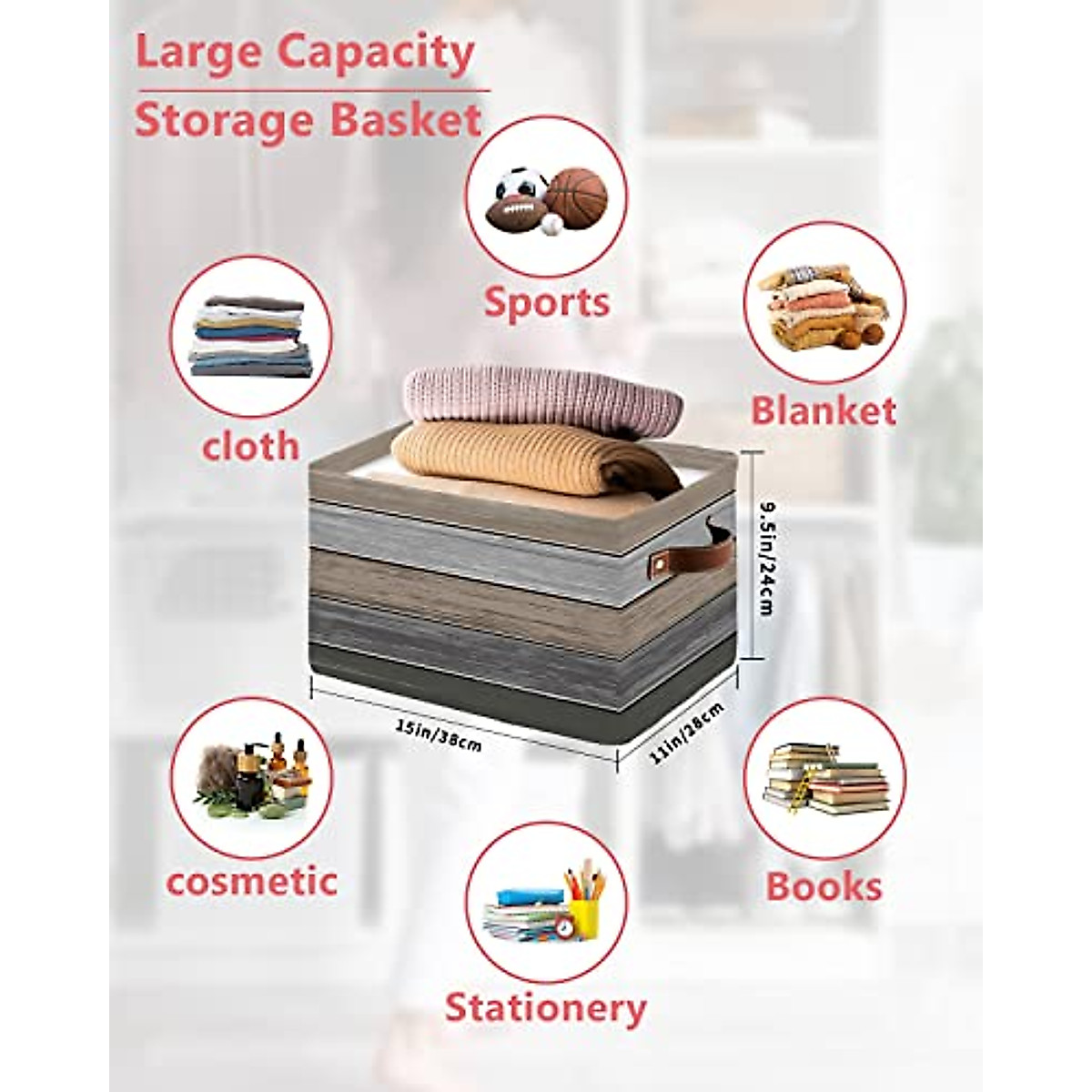 Beige Grey Ombre Storage Bins 1 Pack, Large Waterproof Storage Baskets for Shelves Closet, Brown Farmhouse Retro Wooden Striped Storage Basket Foldable Storage Box Cube Storage Organizer with Handles