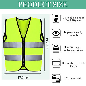 Unittype 20 Pcs Kids Reflective Safety Vest High Visibility Children Neon Vest with Zipper Construction Traffic Vest with Reflective Strips for Kids Aged 3-10, Cycling, Running, Green