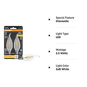 SYLVANIA LED TruWave Natural Series Décor Light Bulb, 60W Equivalent, Efficient 5.5W B10, Candelabra Base, Dimmable, 500 Lumens, 2700K, Soft White, Clear - 2 Pack (40757)