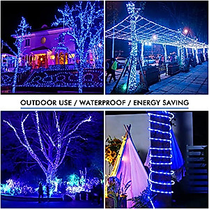 ICRGB Solar Rope Lights, 66FT 200 LED Outdoor String Lights, Blue Fairy Lights with Remote, 8 Modes, Timing Function, IP67 Waterproof, Outdoor Garden Patio Decorative,for Christmas Wedding Party
