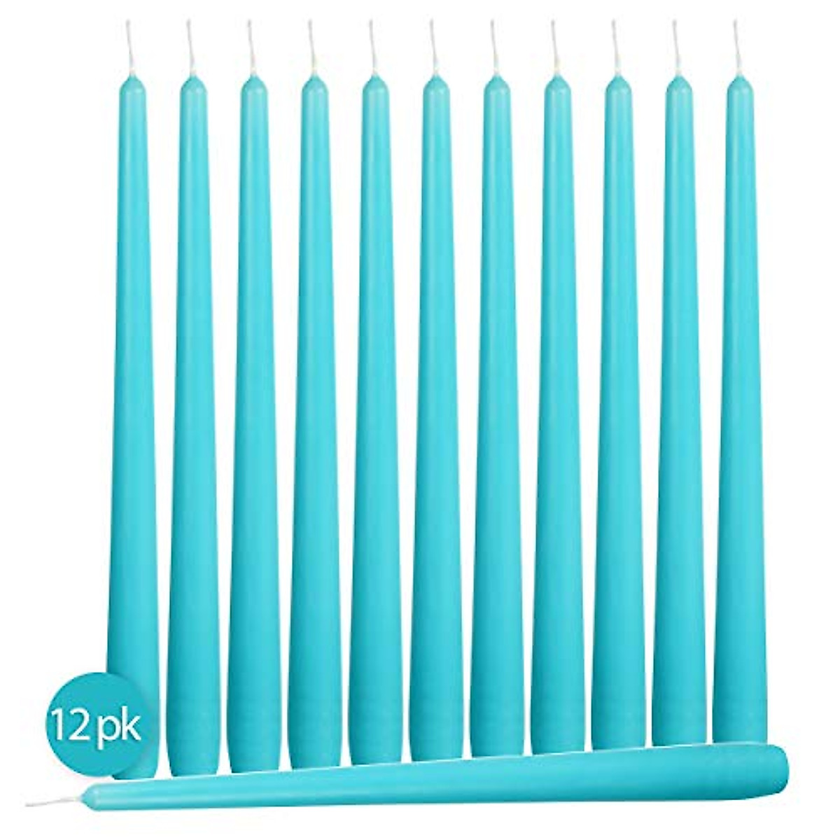 12 Pack Tall Taper Candles - 10 Inch Light Blue - Turquoise Dripless, Unscented Dinner Candle - Paraffin Wax with Cotton Wicks - 8 Hour Burn Time.