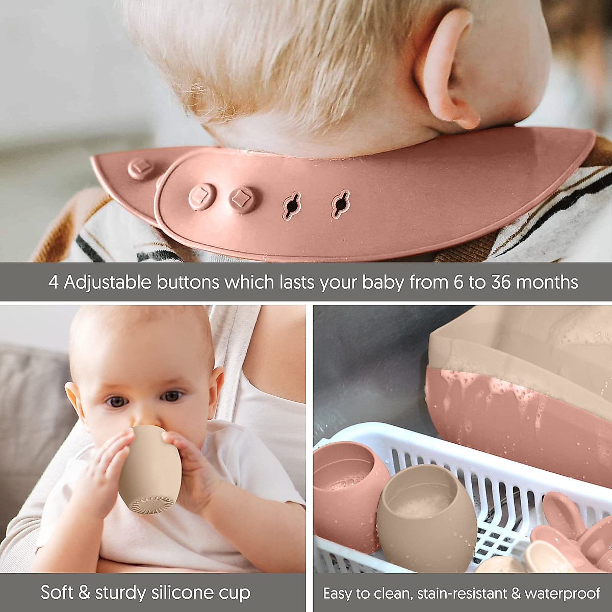 Baby Silicone Feeding Set - Baby Led Weaning Utensils, Silicone Bibs, Infant Feeding Cups For Boys, Girls, & Toddlers Smooth Waterproof Material For Practical Eating, Set of 8