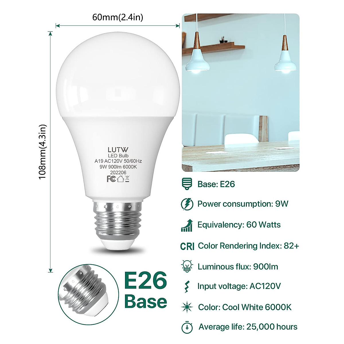 LUTW LED Light Bulbs 60 Watts Equivalent, 900 Lumen Standard LED Bulb, 9W E26 Base Cool White 6000K Non-Dimmable, Perfect for Bedroom and Living Room Lighting, 6 Pack