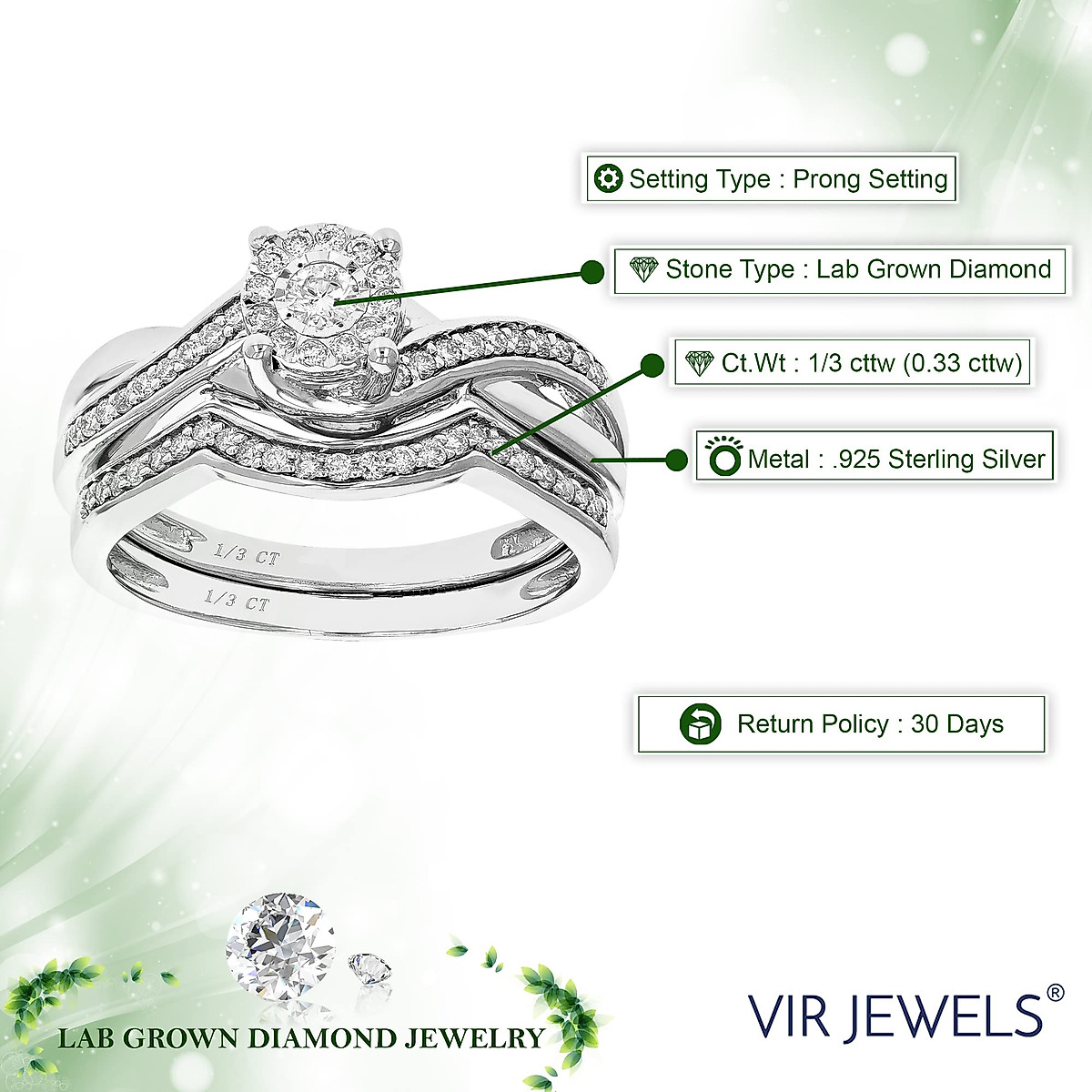 Vir Jewels 1/3 cttw Lab Grown Diamond Wedding Engagement Bridal Set Round for Women in .925 Sterling Silver Prong Set Size 8
