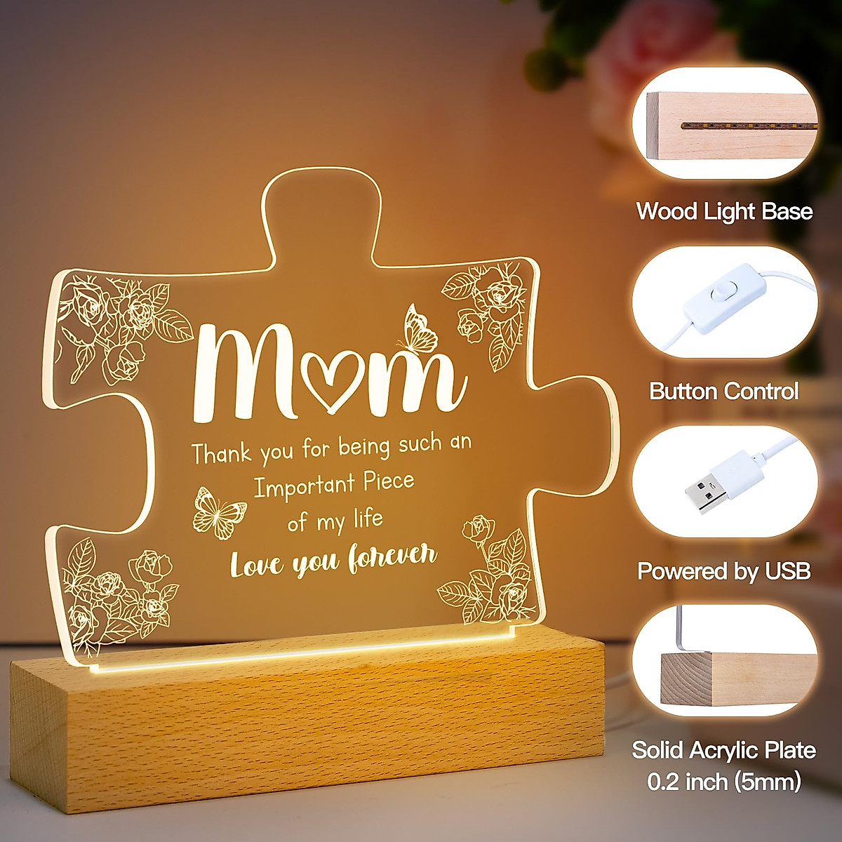 Gifts for Mom - Birthday Gifts for Mom Engraved Night Light Lamp, Mom Christmas Gifts with Wooden Base, Mom Gifts from Daughter Son, Presents for Mom Mother, New Mom, Mother in Law, Ideas