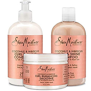 Shea Moisture Shampoo and Conditioner Set, Coconut and Hibiscus Curl & Shine 13-oz ea Bundled with Curl Enhancing Smoothie 12-oz. Curly Hair Products with Coconut Oil, Vitamin E & Neem Oil