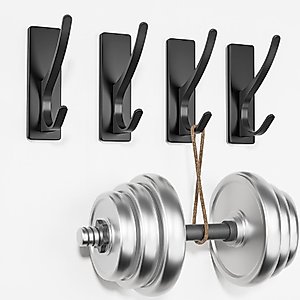 Self Adhesive Coat Hooks for Hanging: Heavy Duty Stainless Wall Hook for Towel, Backpack, Hat, Sturdy Metal Hanger for Bathroom, Bedroom, Door, 4-Pack, Matt Black