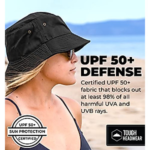 Tough Headwear Bucket Hat for Men & Women - UPF50+ Sun Protection - Foldable Beach Hat - Black