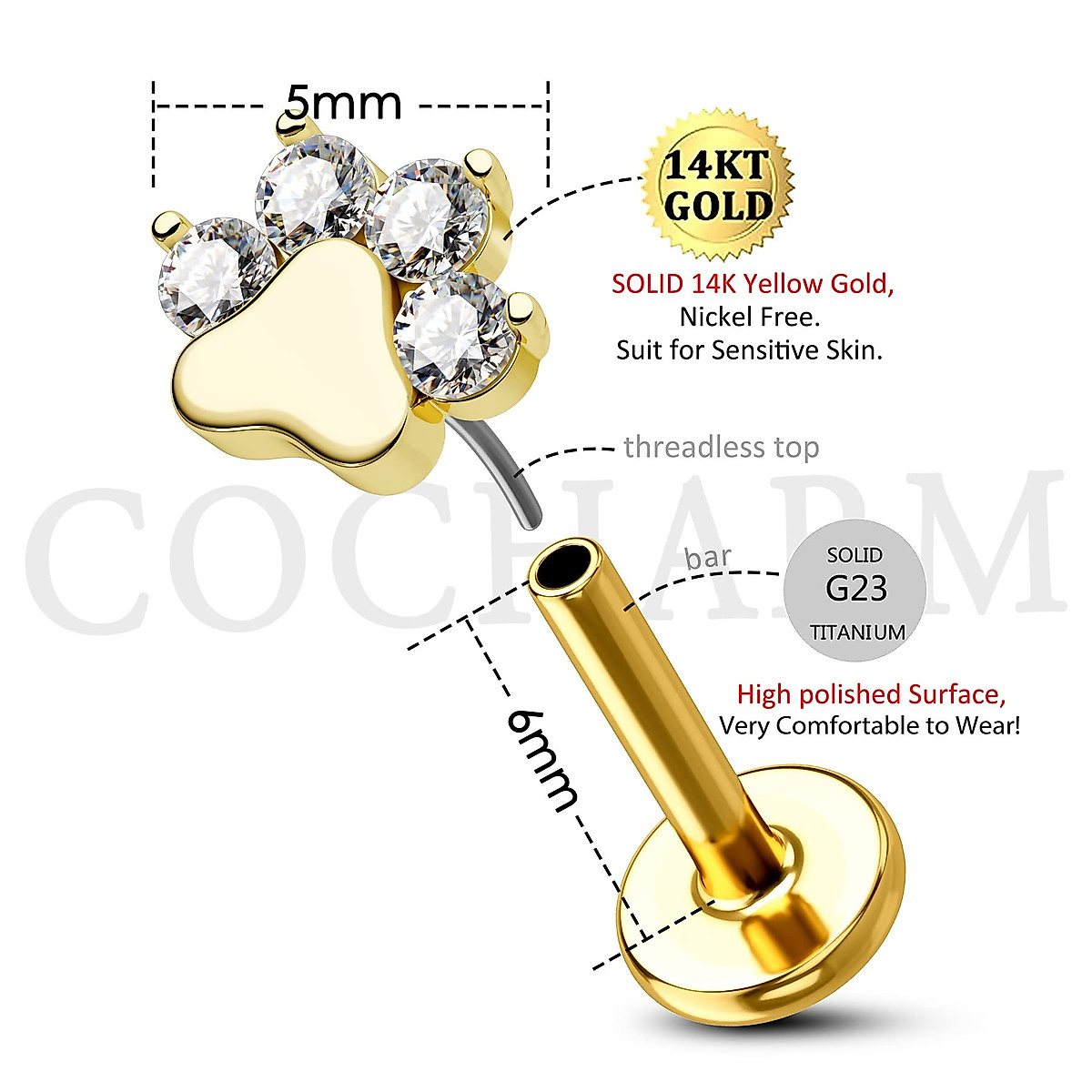 COCHARM 14K Solid Gold Helix Earring Stud 16g Dog Paw Flat Back Helix Piercings Yellow Gold Push in Tragus Earrings Threadless Tragus Stud 14K Gold Tragus Piercing Jewelry