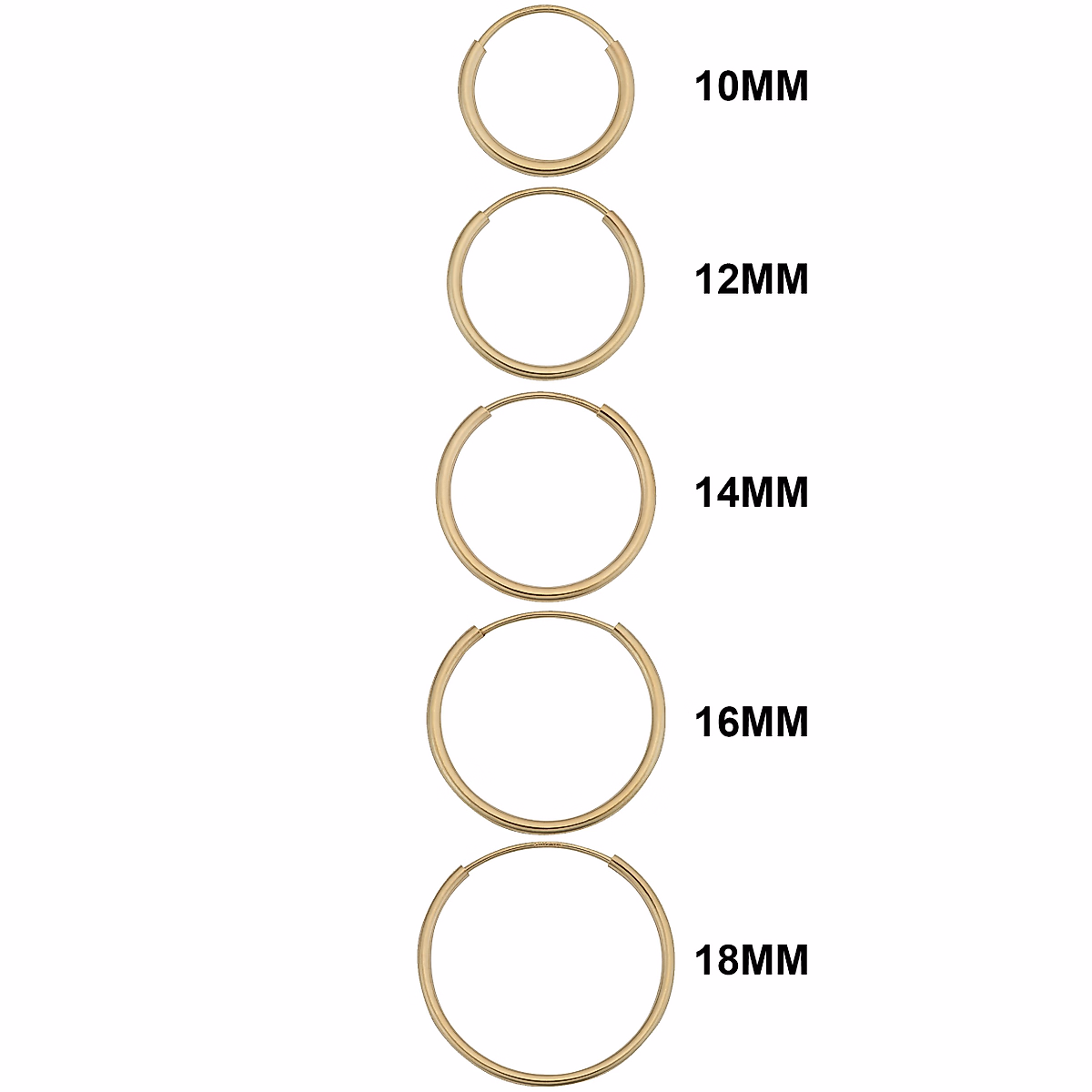 14k Yellow Gold 1mm Thick 10mm Round Tube Endless Hoop Earrings - Very Small Hoops