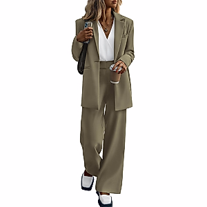 PRETTYGARDEN Women's 2024 Fall Two Piece Outfits Blazer Jacket and Wide Leg Pants Pockets Business Casual Suit Sets (Army Green,Large)