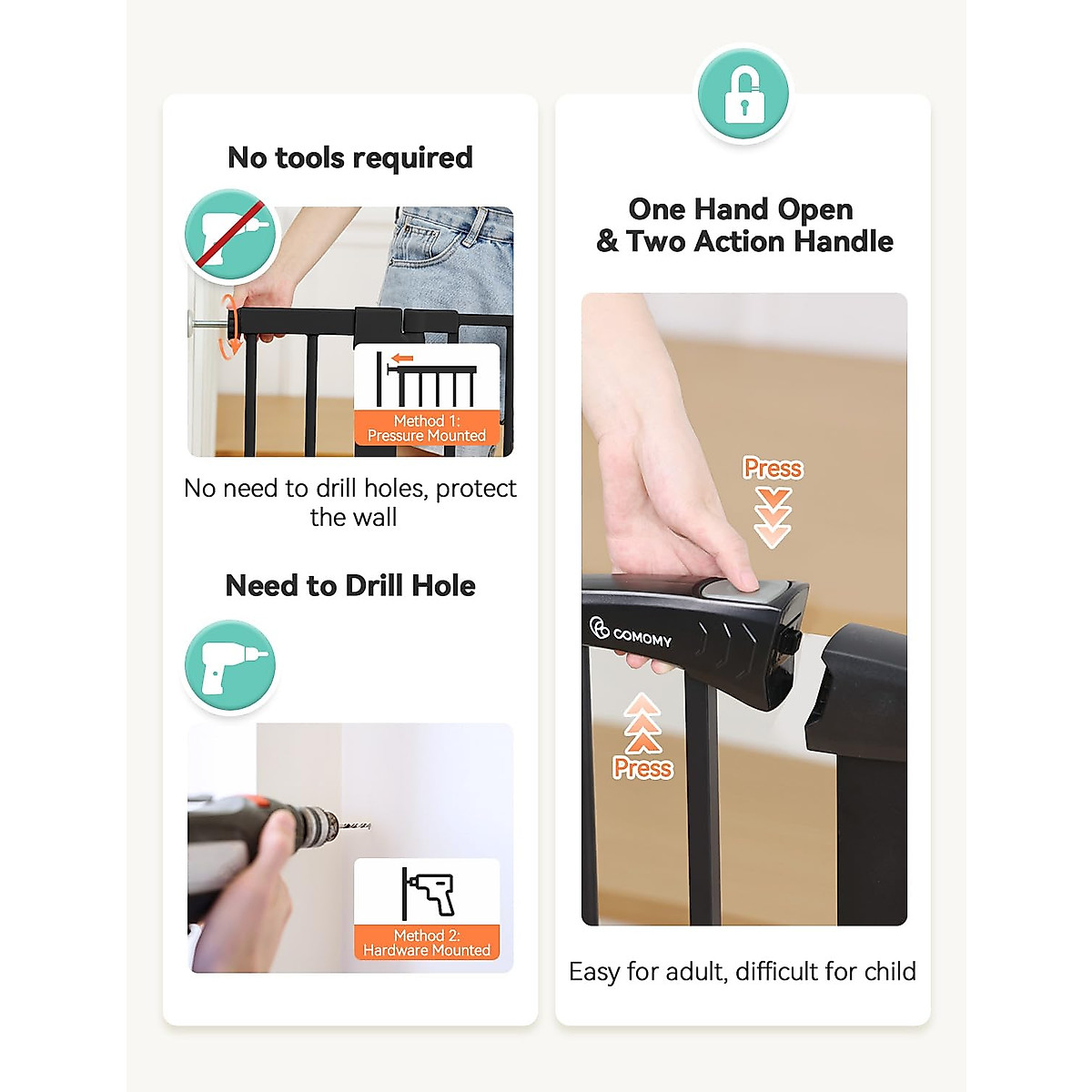 COMOMY 29.5-43.3" Safety Baby Gate Extra Wide, Auto Close Dog Gate for House Doorways Stairs, Pressure Mounted Easy Walk Through Pet Gate Child Gate, Includes 2.75" and 8.25" Extension, Black