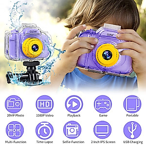 OZMI Gifts for 3 4 5 6 7 8 9 Year Old Girls Boys, Kids Selfie Underwater Waterproof Camera, Christmas Birthday Gifts for Toddler, Children Action Video Recorder Camera with 32GB SD Card, Purple