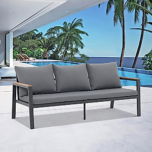 JOIVI Outdoor Couch, 3-seat Aluminum Outdoor Sofa with Teak Arms, Patio Couch with Teak Wood Armrest, High-Density Sponge, 3-Seater Aluminum Frame Couch for Outside Poolside, Lawn, Backyard, Gray