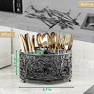 YIUKEA 360° Rotating Utensil Caddy - Silverware Cutlery Caddy Holder with 4 Compartment, Metal Flatware Organizer Countertop with Handle for Party Camping Picnic, Kitchen Counter, Office (Black)