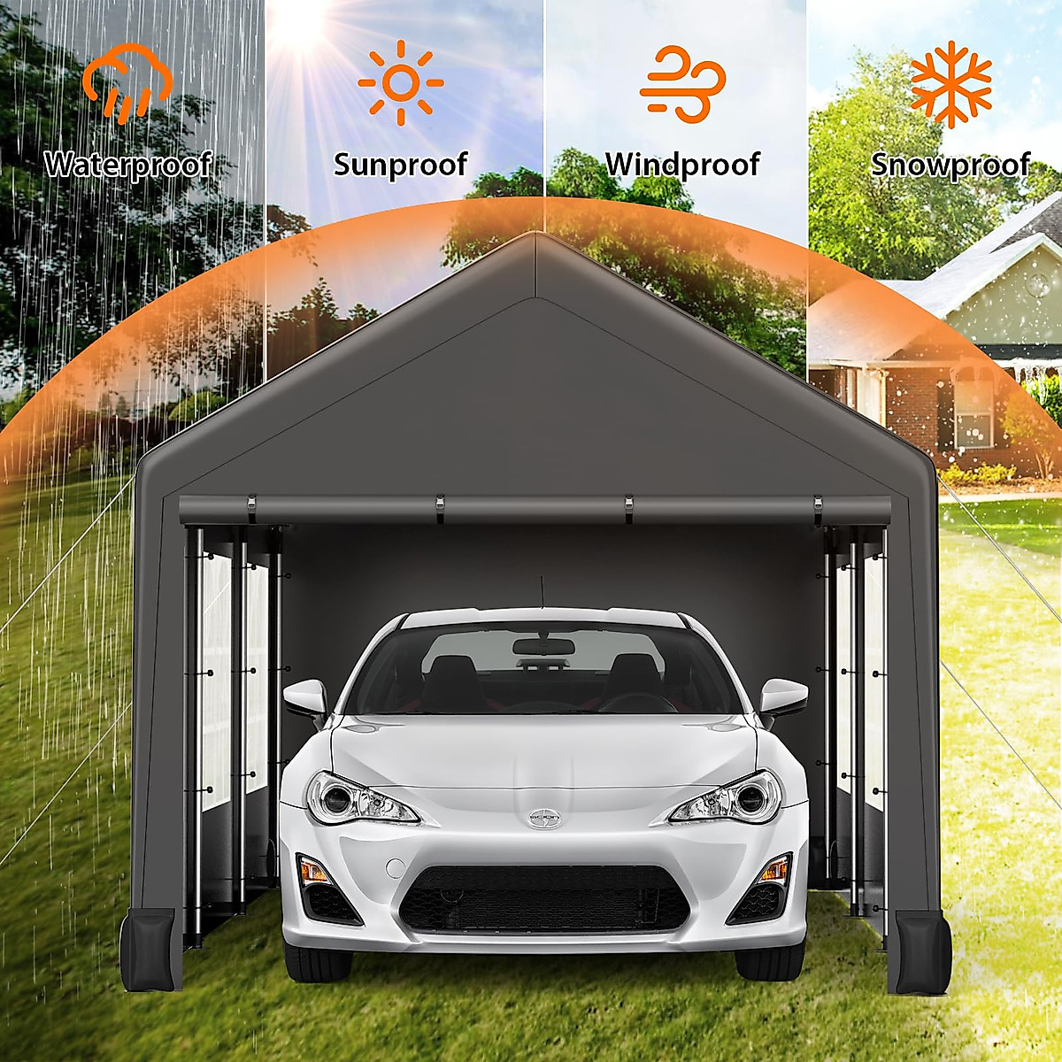 Carport 10x20ft Portable Garage, Heavy Duty Car Canopy with Roll-up Ventilated Windows & Side Doors, All-Season Tarp Car Port for SUV, Car, Truck, Boat