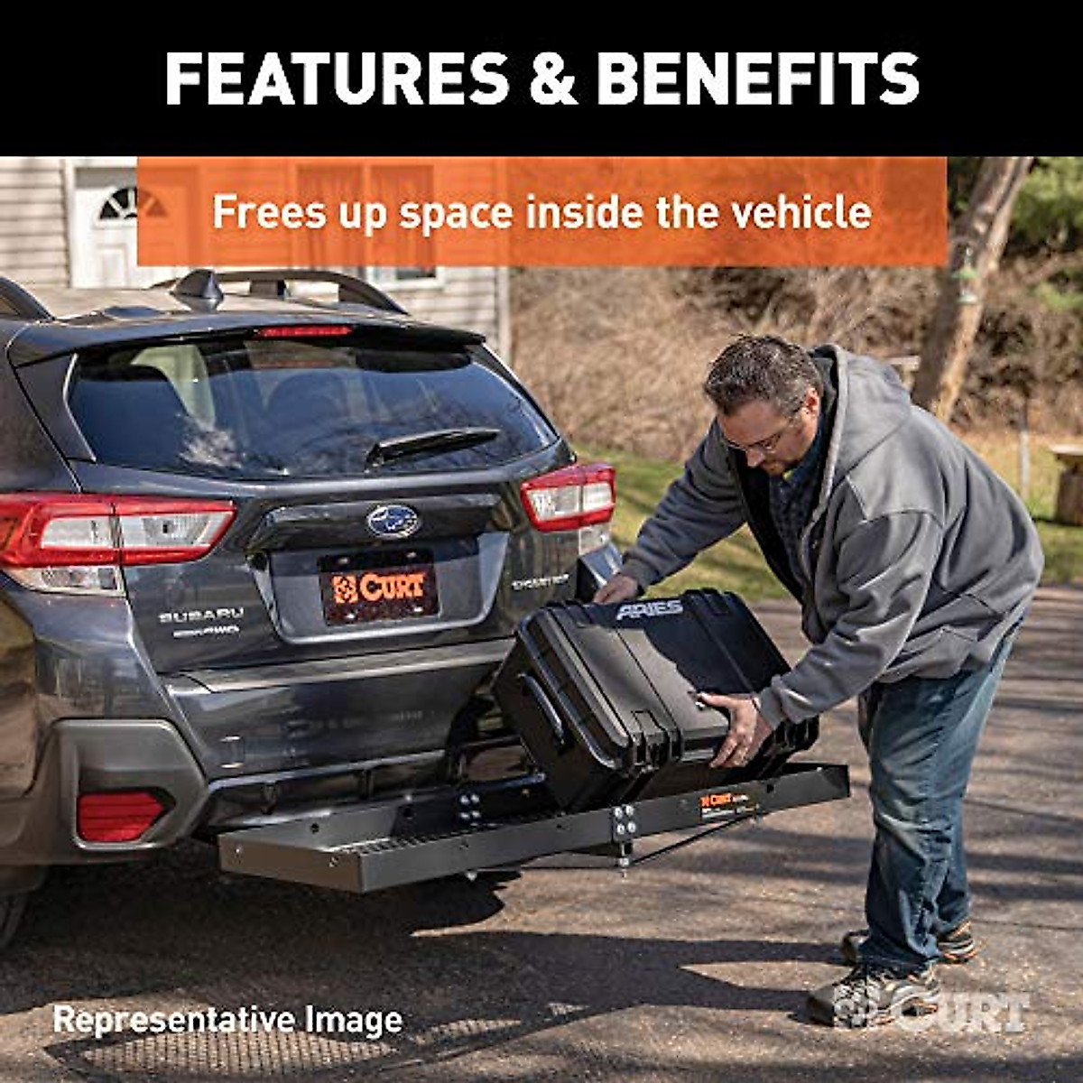 CURT 18109 60 x 20-Inch Tray Hitch Cargo Carrier, 500 lbs Capacity, Black Steel, 2-in Folding Shank