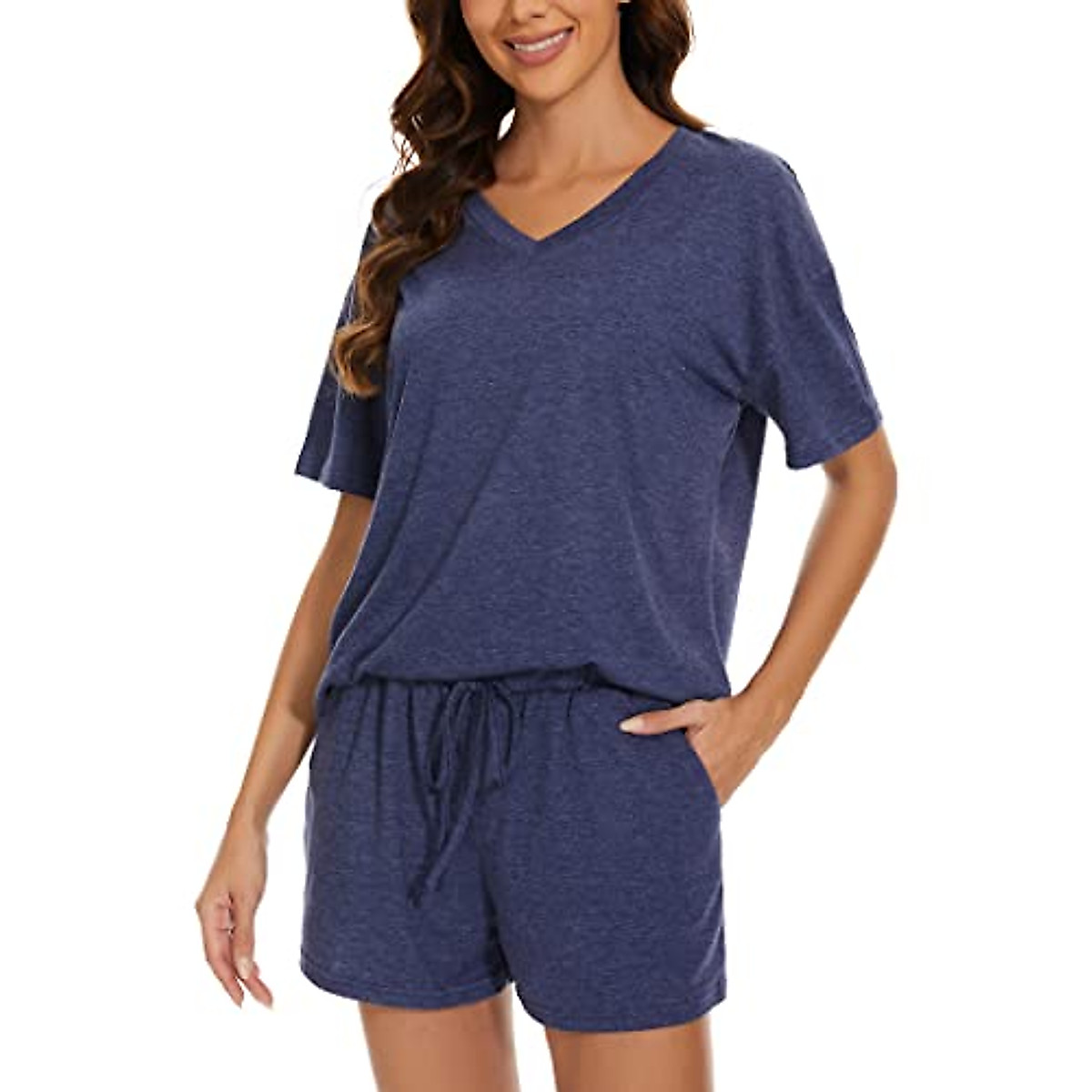 LOCUBE Women's Pajama Sets Soft Comfy Short Sleeve V-Neck Lounge Outfits Pj Set Shorts with Pockets (Navy, Large)