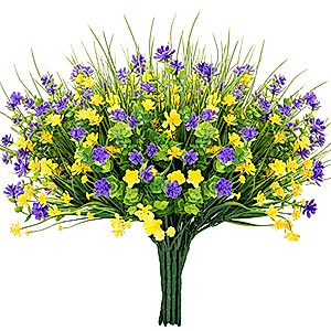 Colovis 9pcs Artificial Flowers Outdoor UV Resistant Fake Plants Greenery Shrubs Faux Plastic Flower in Bulk for Indoor Outside Hanging Planter Porch Cemetery Pots Decoration (Yellow, Purple, Green)
