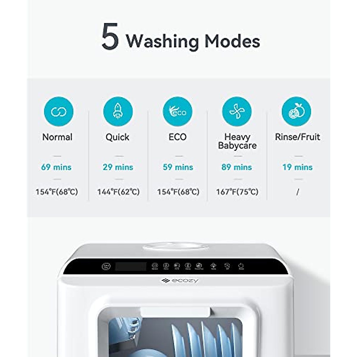 ecozy Portable Dishwasher Countertop, Mini dishwasher with a Built-in 5L Water Tank, No Hookup Needed, 6 Programs, Extra Dry Function for Apartments, Camping and RV, White