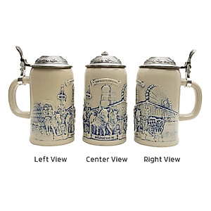 1 Liter | OktoberfestHaus Oktoberfest Mugs Engraved Beer Stein German Raised Relief Munich Festival Scene Stoneware Beer Mug Tankard With Lid