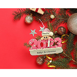 Personalized 2021 Baby's First Christmas Tree Ornament 1st Keepsake Gift - Pink Baby Girl with Santa Stocking Cap Hat and Bottle - Your Choice of Name