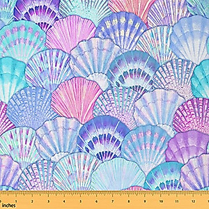 Watercolor Shells Print Fabric by The Yard Dreamy Fish Scale Coastal Sea Creature DIY Craft Hobby Fabric by The Yard Blue Purple Ombre Spiral Pattern Fabric for Upholstery and Home Accents,1 Yard