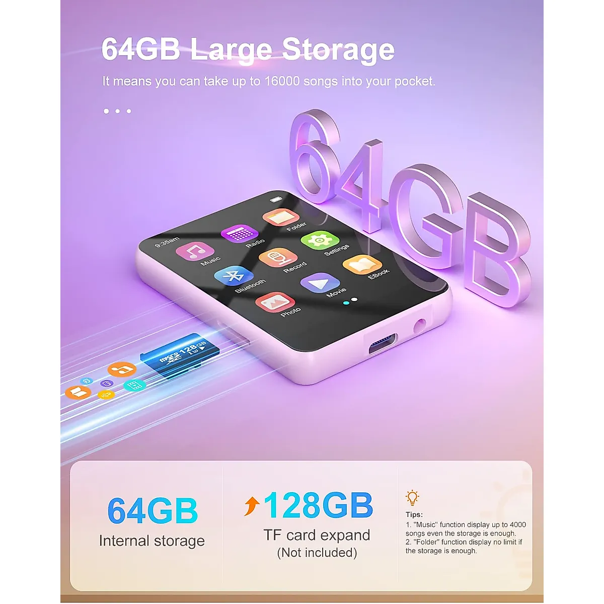64GB MP3 Player with Bluetooth 5.3, Portable Digital Lossless Music Player with Built-in Speaker, 2.4 in Full Touch Screen, FM Radio, Line-in Voice Recorder, Earphones Included, Support up to 128GB