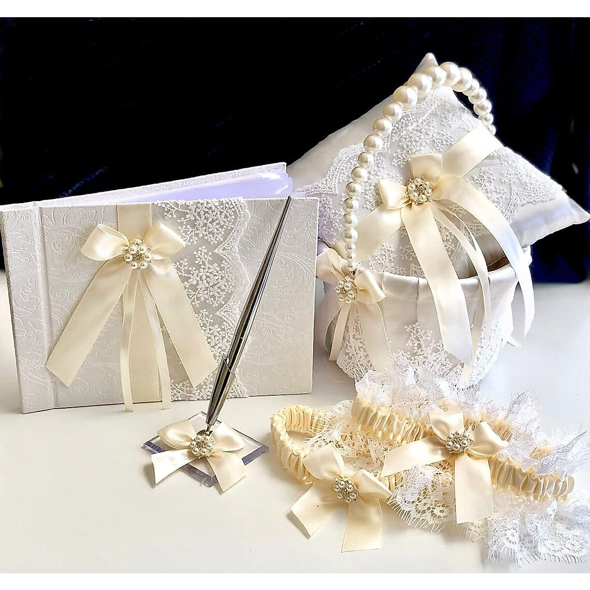 Flower Girl Basket Ivory Ring Bearer Pillow, Flower Girl Gift, Wedding Ring Pillow Ivory Wedding Pillow, Flower Girl Set, Flower Basket (White, 1 Pillow + 1 Basket)