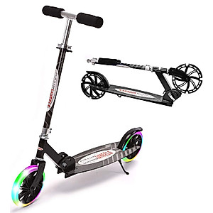 ChromeWheels Kick Scooter, Deluxe 8" Large 2 Light Up Wheels Wide Deck 5 Adjustable Height with Kickstand Foldable Scooters, Best Gift for Age 9 up Kids Girls Boys Teens, 180 lbs Weight Limit, Black
