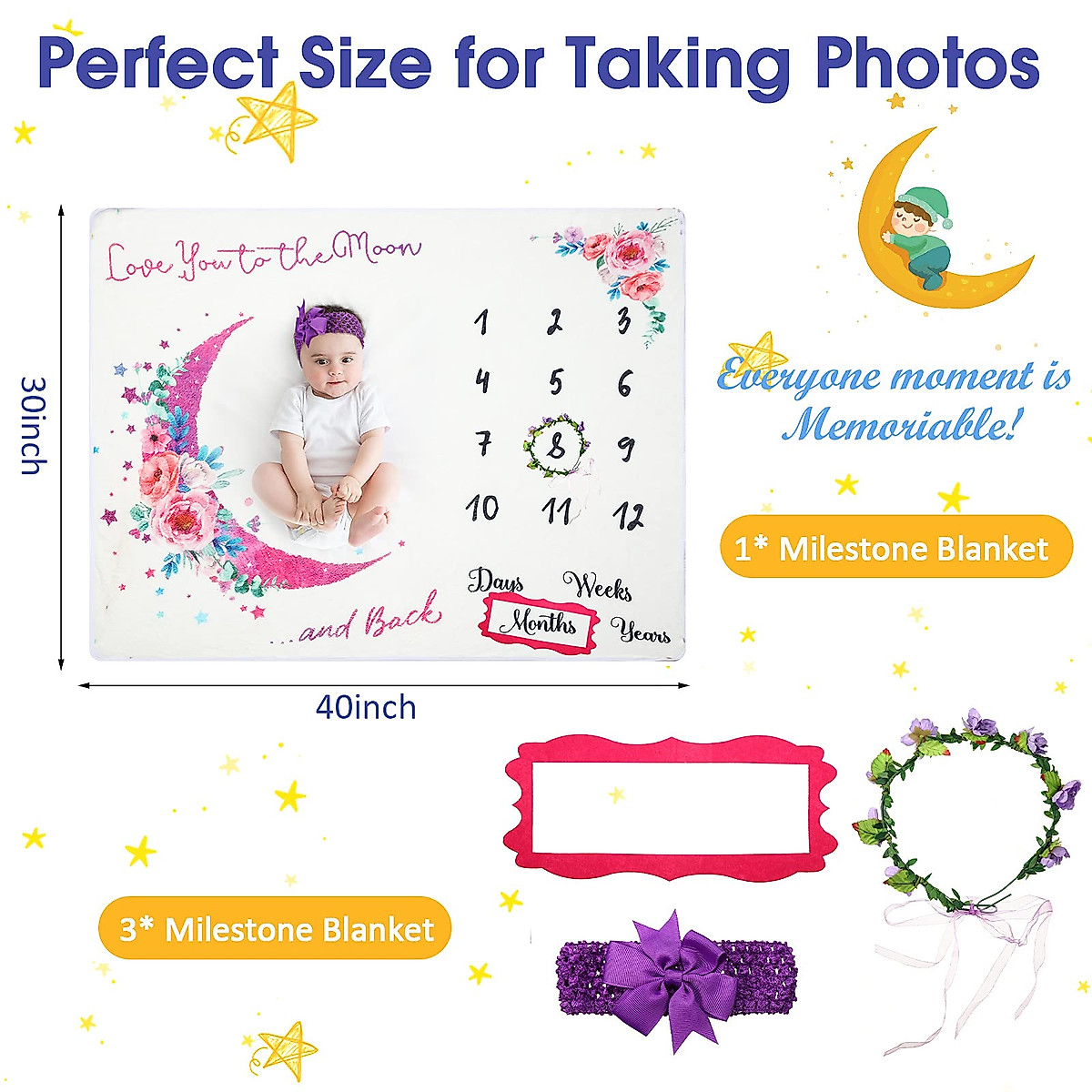 Tatuo Baby Monthly Milestone Blanket Baby Photo Blanket for Newborn Baby Shower Weekly and Monthly Blanket for Baby Pictures Includes Headband Floral Wreath and Frame 40 x 30 Inches