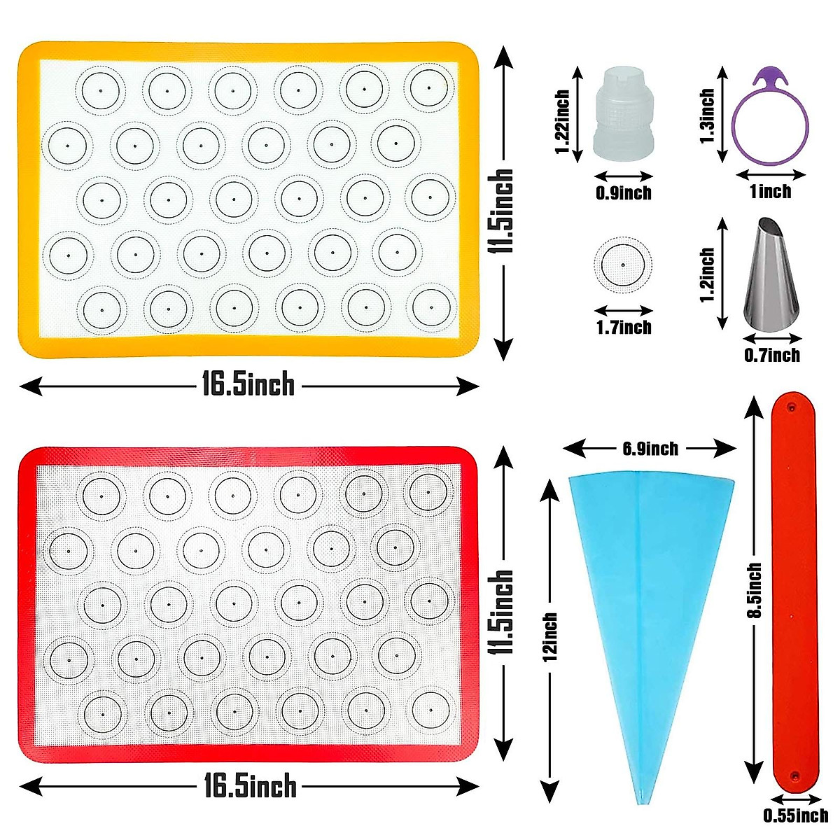 Tailpa Macaron Baking Kit Silicone Mat(22 Pcs Set), Macaron Baking Supplies, Baking Set of 2 Half Sheet Macaron Silicone Mats (16.5"x11.5"), 14 Piping Tip, 2 Piping Bag,2 Bag Tie, 2 Coupler