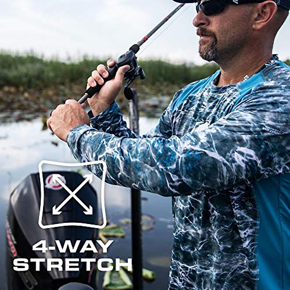 Mossy Oak Standard Men's Fishing Shirts Long Sleeve with UPF 40+ Sun Protection, Illusion Blue, Large