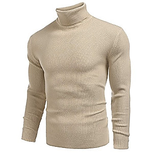 COOFANDY Mens Ribbed Slim Fit Knitted Pullover Turtleneck Sweater Khaki