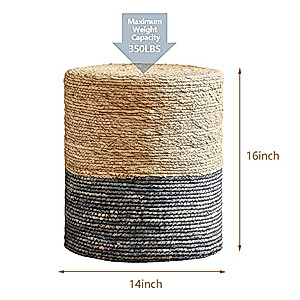 Wimarsbon Natural Seagrass Foot Stool, Hand Weaving Round Ottoman, Poof Pouffe Accent Chair, for Living Room, Bedroom, Nursery, kidsroom, Patio, Gym, Outdoor Seat - Natural & Blue