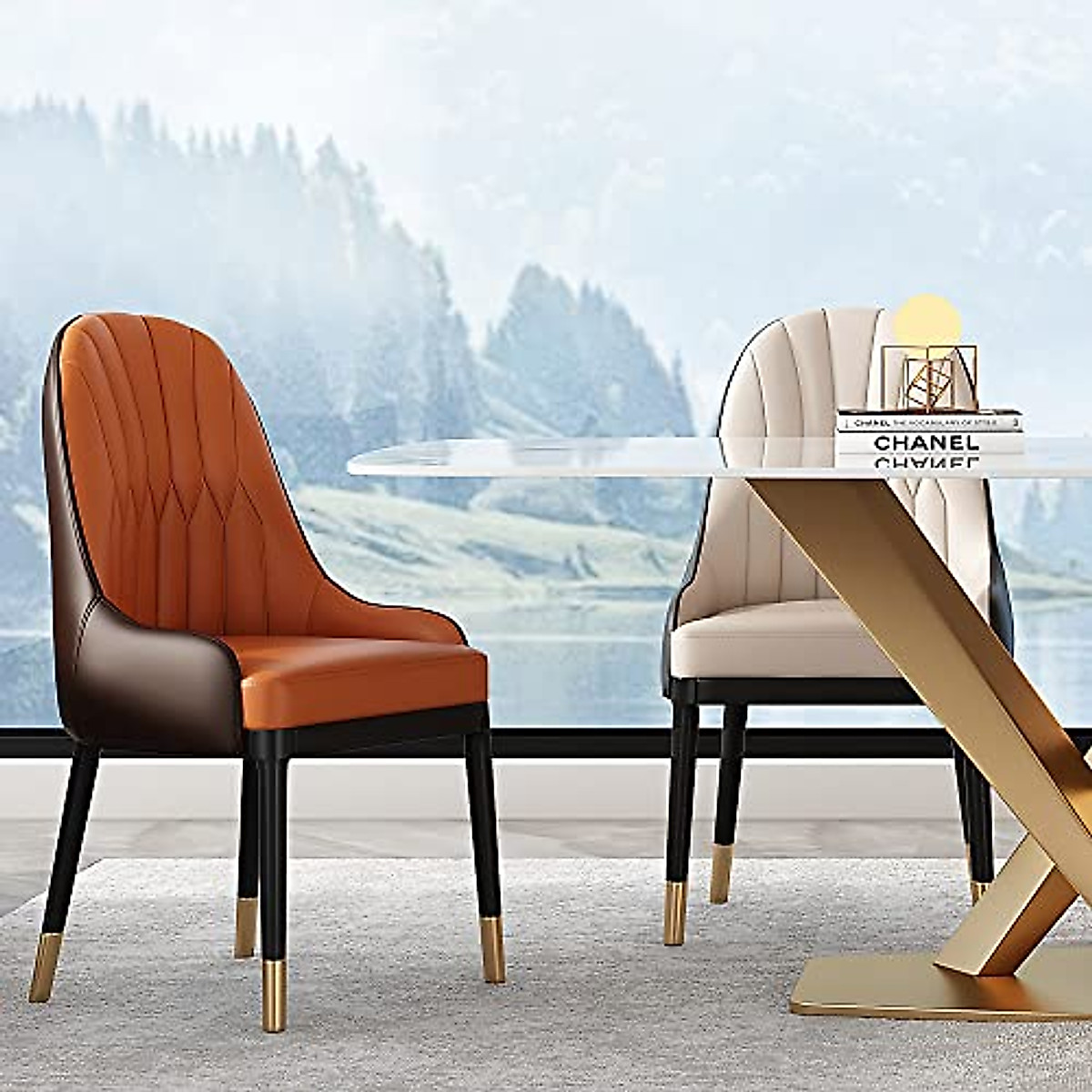 Modern Dining Table, 70.9" Marble Dining Table for 4-6, Durable White Sintered Stone Tabletop, Gold Carbon Steel Metal X-Base, Luxury Table for Kitchen Dining Office (1 Table 6 Orange Chairs)