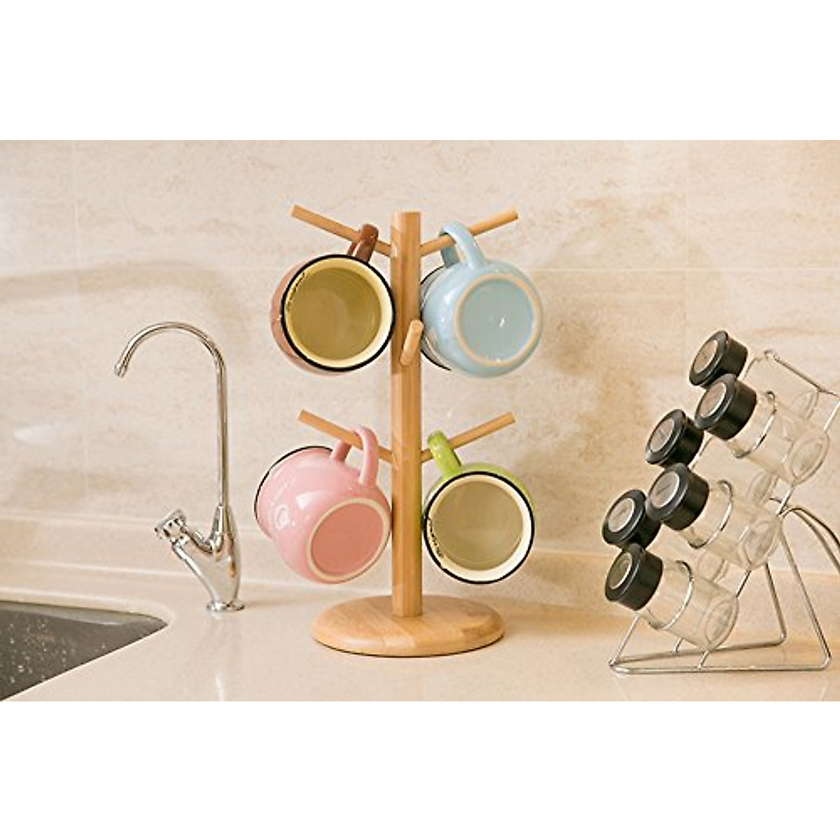 Bamboo Wooden Mug Rack Tree Coffee Tea Cup Organizer Hanger Holder with 6 Hooks Removable Bamboo Mug Stand by AHYUAN
