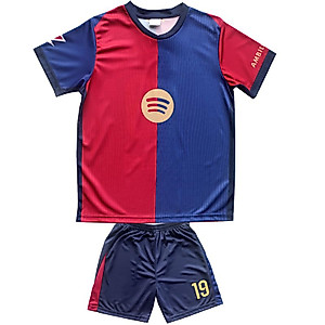CEKFAX 2024/2025 Barca Home #19 Lamine Yamal Football Soccer Kids Jersey Shorts Socks Set Youth Sizes (Navy,16)