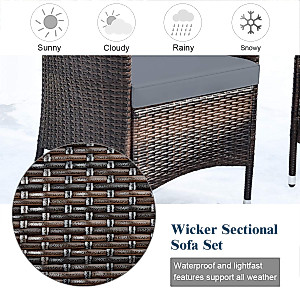 Toolsempire 4 Pieces Patio Sofa Set, Wicker Conversation Set with Ergonomic Curved Backrest, Patio Rattan Furniture Set with Water-Resistant Cushion & Tempered Glass Table for Balcony, Porch (Gray)