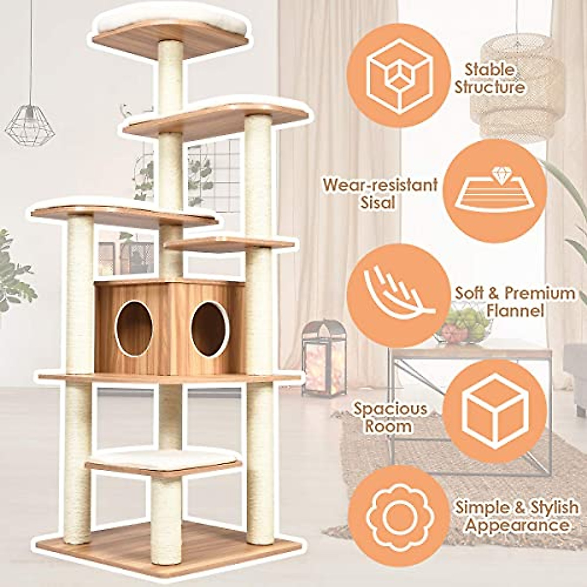 Tangkula Modern Wood Cat Tree, 69-Inch Cat Tower with Multi-Layer Platform, Tall Cat Tree with Sisal Rope Scratching Posts, Cat Condo Furniture w/Washable Plush Cushions for Large Cats Kittens
