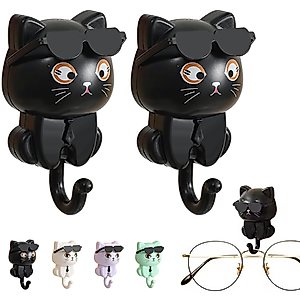 Cat Key Holder, Cute Sunglasses Cat Adhesive Coat Hooks, Adhesive Hooks Heavy Duty Wall Mounted, Creative Adhesive Cute Pet Hooks Coat Hook, for Hanging Hats, Clothes, Miscellaneous Items (2*Black)