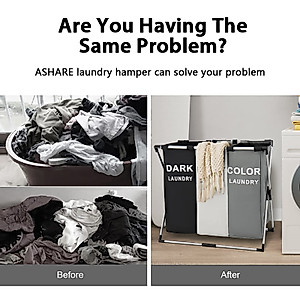 Laundry Basket Hamper 3 Section Dirty Clothes Hamper with Mesh Cover Foldable Aluminum Frame Laundry Sorter Organizer for Bathroom Bedroom Nursery (White+Grey+Black）