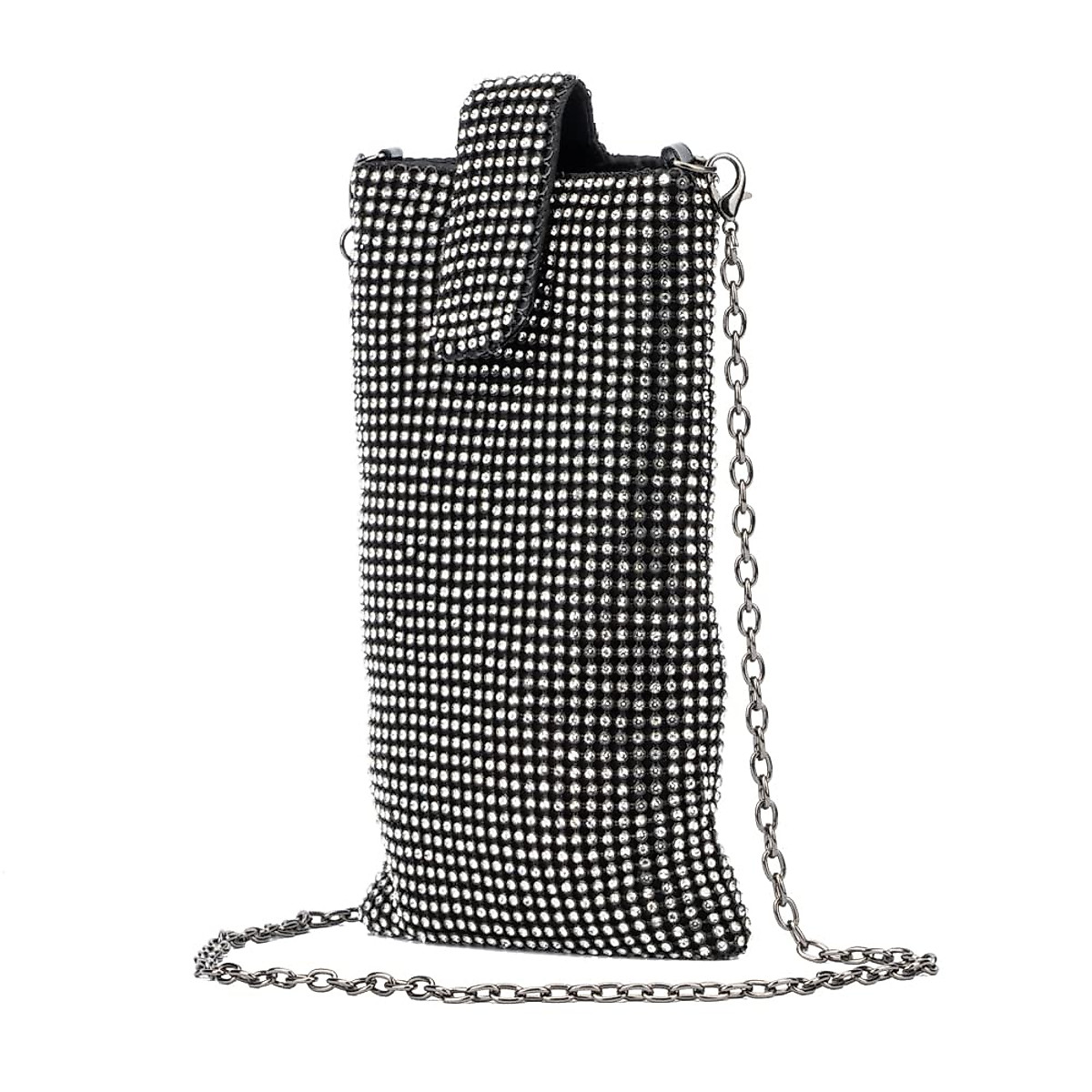 Olivia Miller Women’s Fashion Cami Black Gunmetal Rhinestone Mesh Iridescent Cell Phone Crossbody Mini Bag, Everyday Casual Evening Purse Handbag