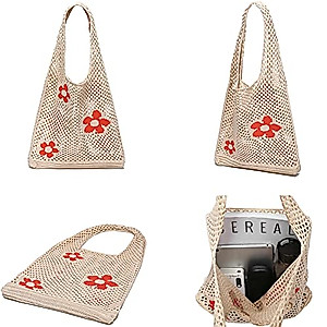 CATMICOO Crochet Mesh Beach Tote Bag Summer Aesthetic Knit Bag for Women