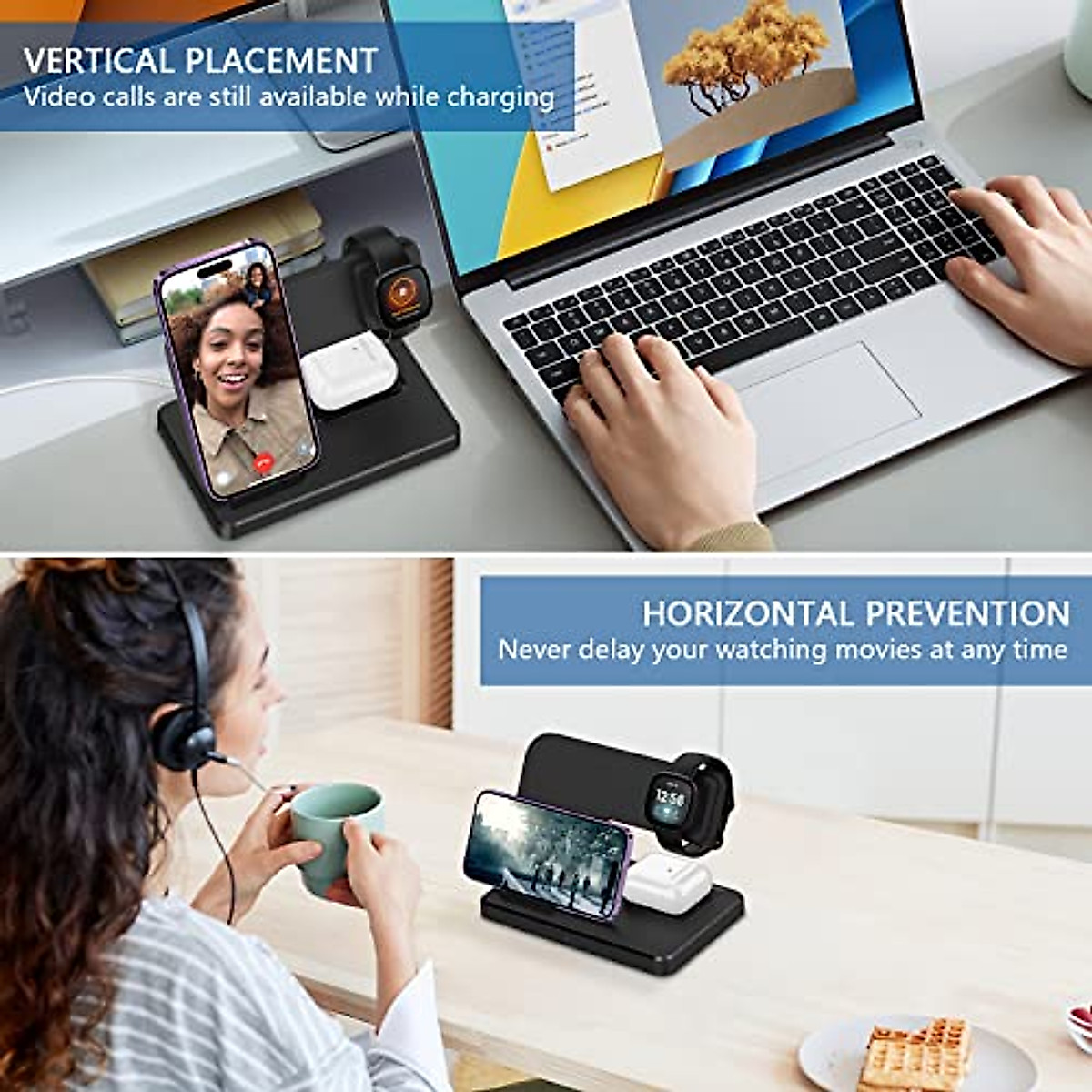 OenFoto 3 in 1 Charging Station Compatible with Fitbit Versa3/ Versa4/Sense/ Sense2– Charging Cable Dock for Versa 3 Smartwatch with Samsung Galaxy S22 Ultra S21 Note 20, AirPods Pro, Galaxy Buds Pro